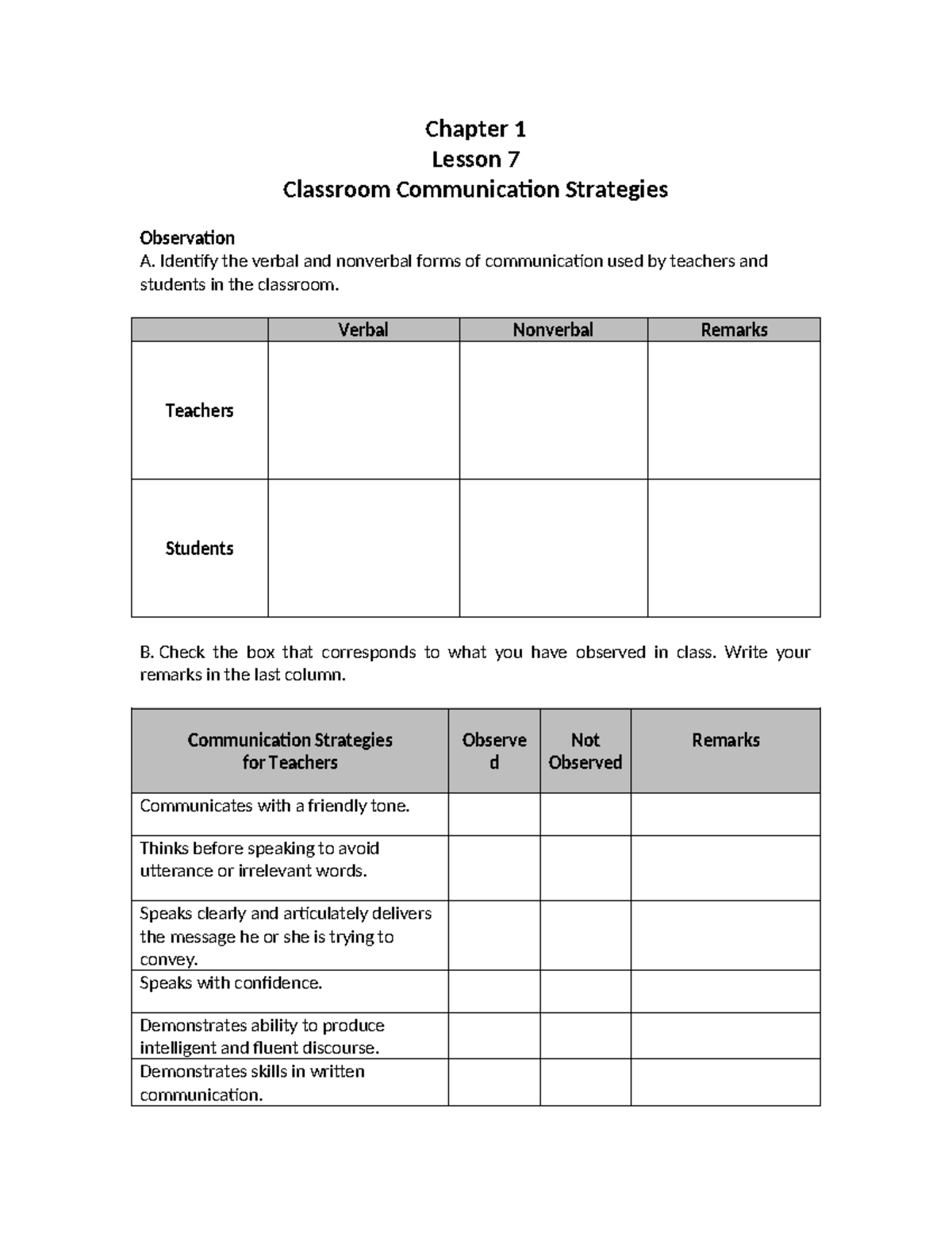 Field Study (Week 3) - Worksheets on Classroom Communication Strategies ...