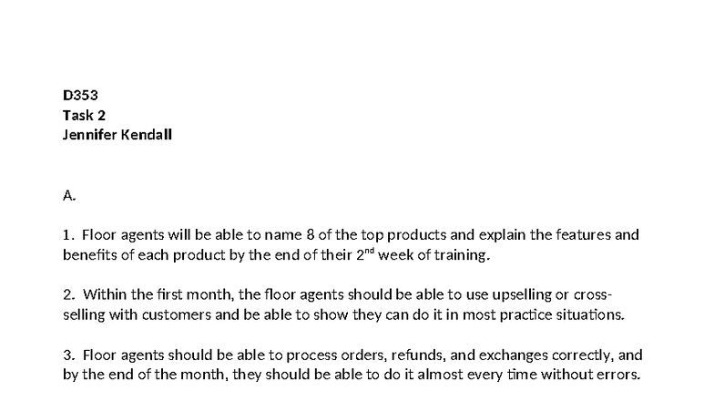 D353 Task 2 - Training Program for Floor Agents - Studocu