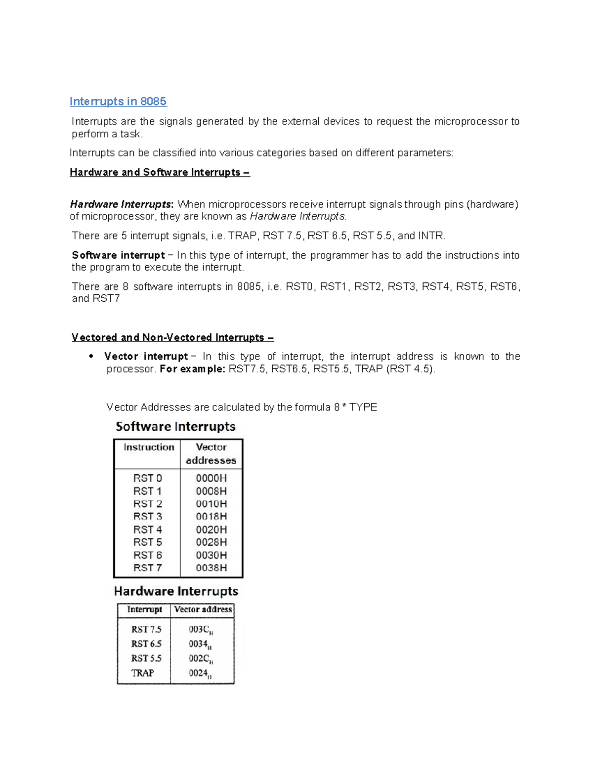 Interrupts in 8085: Comprehensive Notes on Types and Functions - Studocu