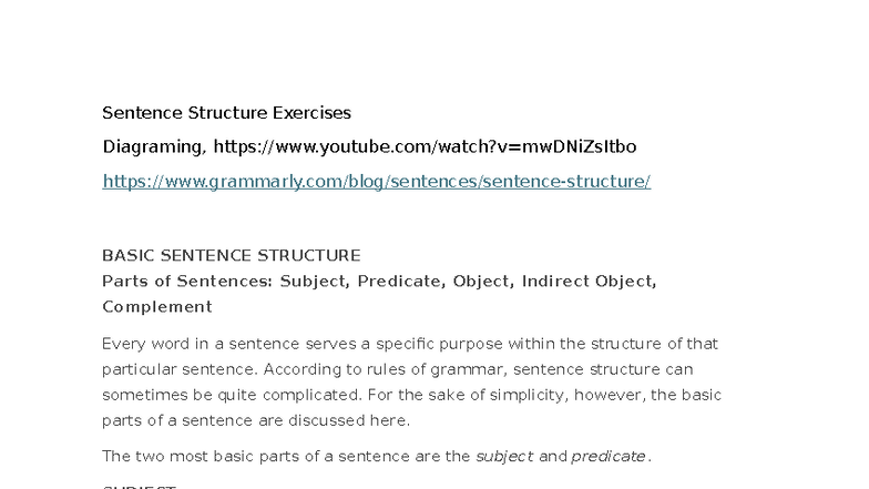 BASIC SENTENCE STRUCTURE: Exercises on Parts of Sentences - Studocu
