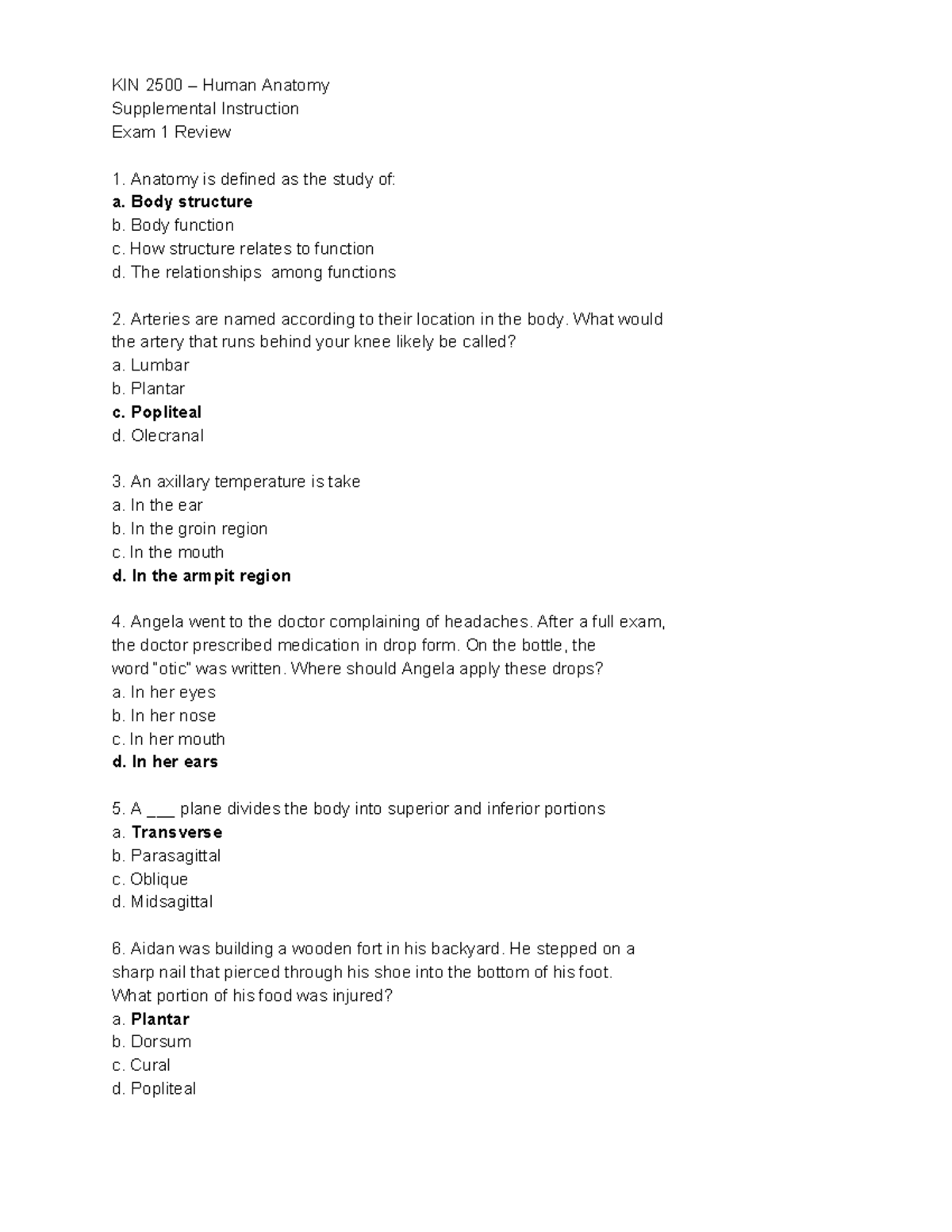 KIN 2500 Human Anatomy Exam 1 Review: Key Concepts and Questions - Studocu