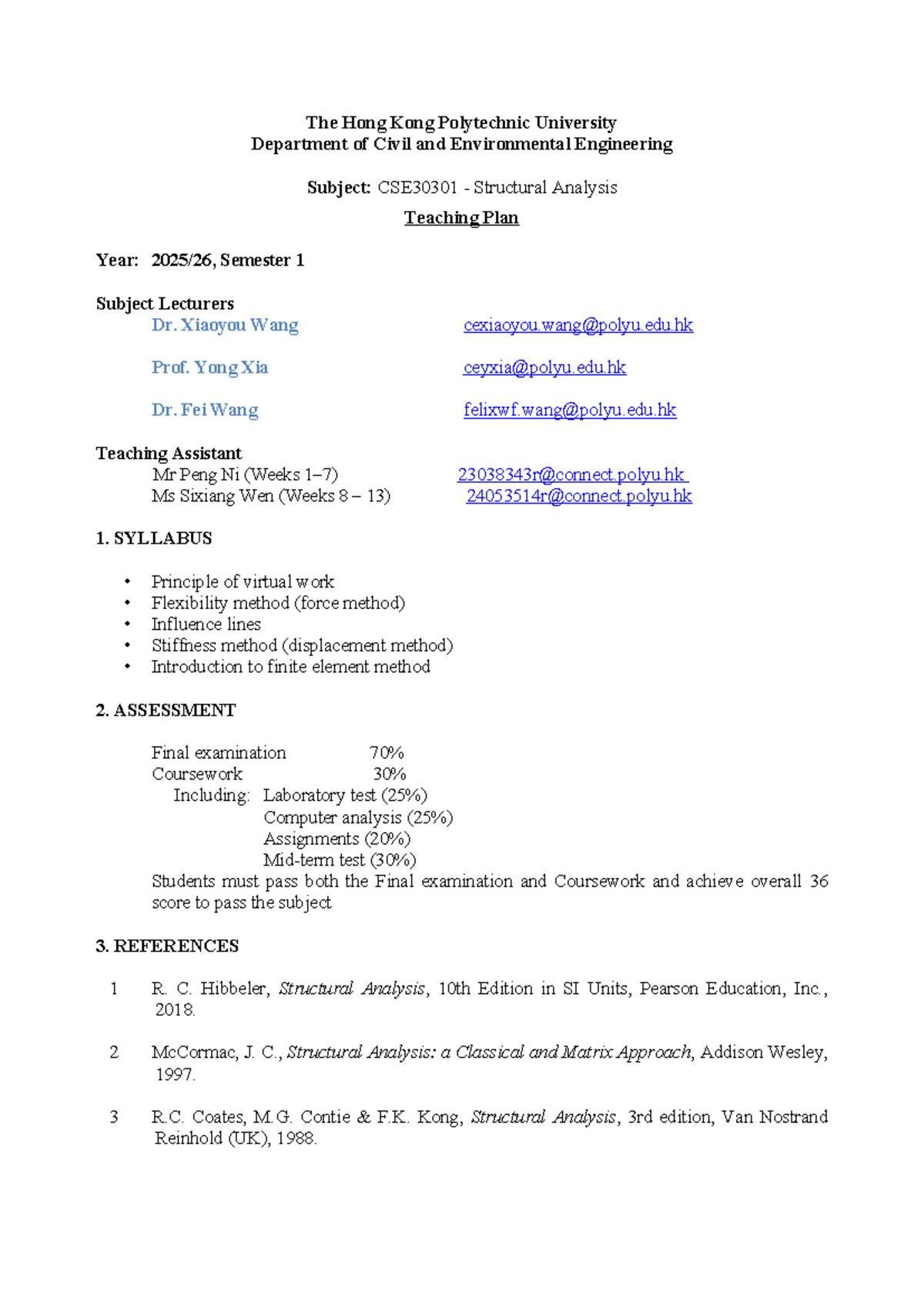CSE30301 Structural Analysis Teaching Plan - Semester 1 - Studocu