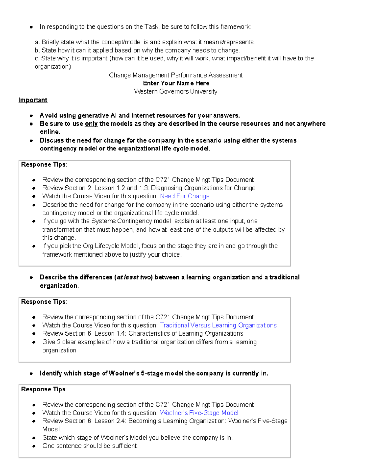 C721 - Change Management Task 1: Framework for Organizational Change ...