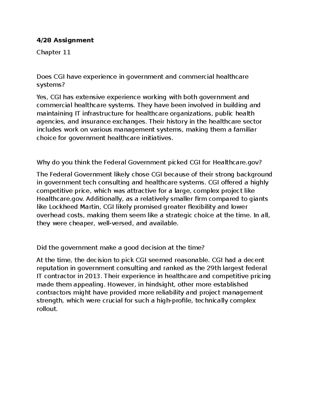 CIS - 4/28 Assignment: Analyzing CGI's Role in Healthcare Systems - Studocu