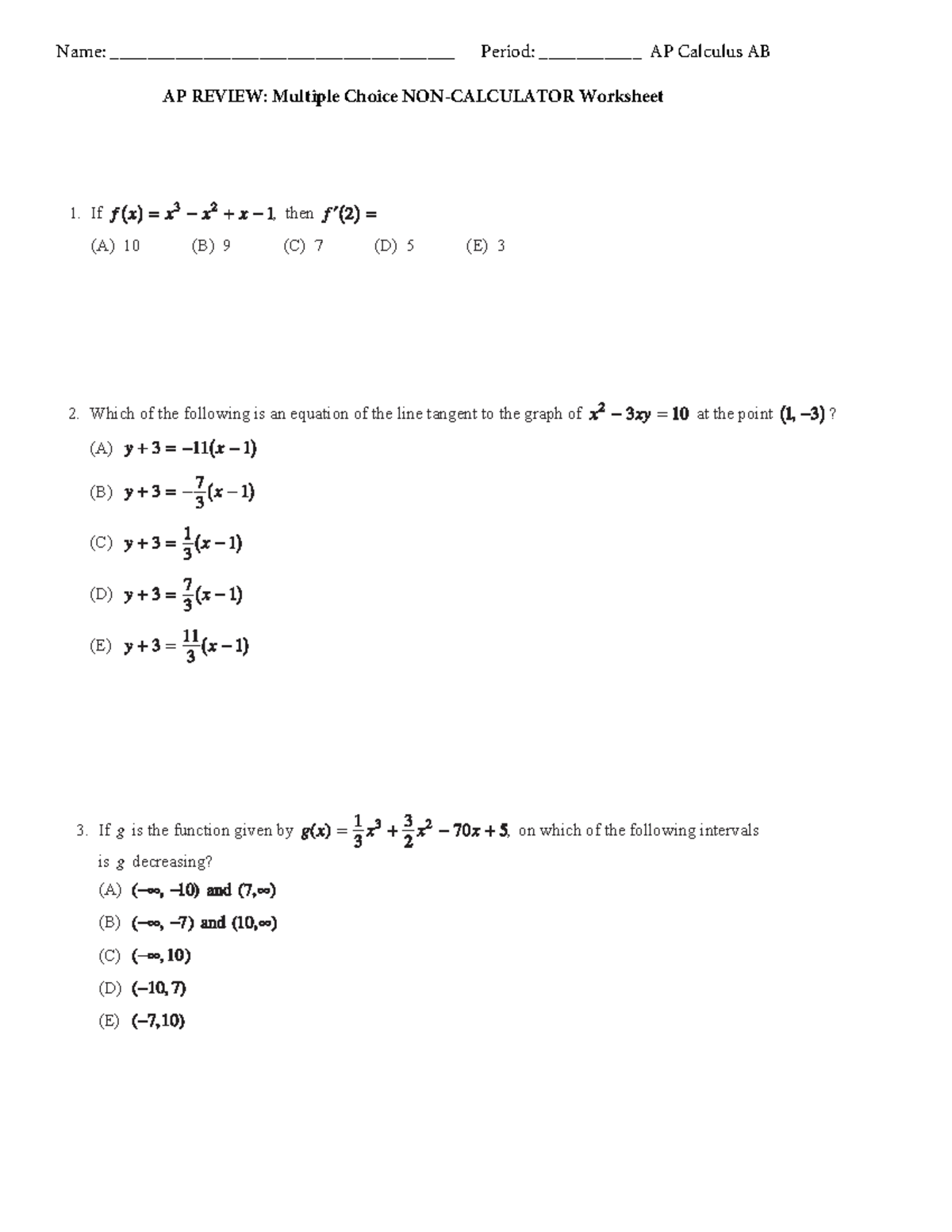AP Review MC Non-Calc - calculus notes no calc - Name