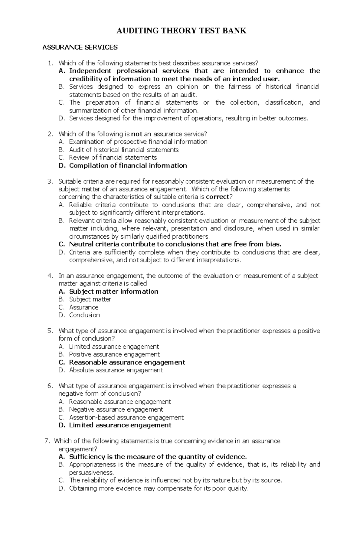 Auditing Test Bank (ACCT 101) - Questions and Answers for Review - Studocu