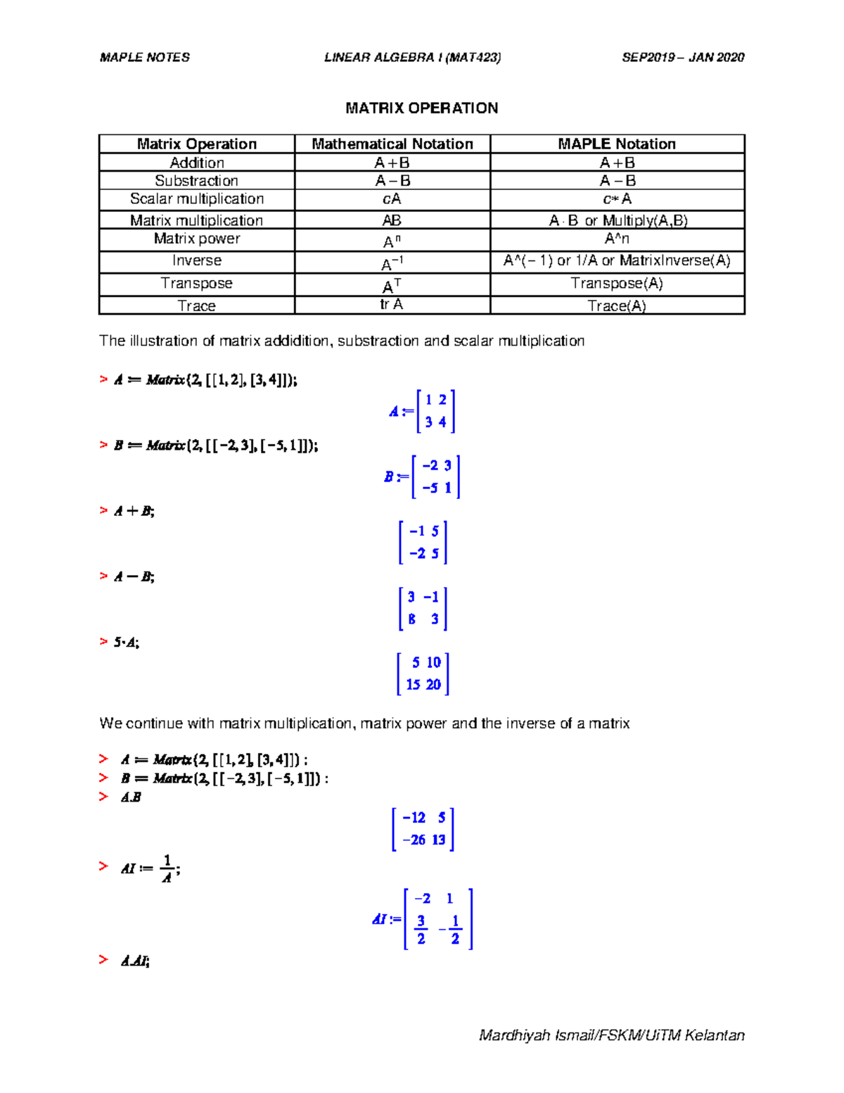 MAPLE NOTES: MATRIX OPERATIONS & ELEMENTARY ROW OPERATIONS (MAT423 ...