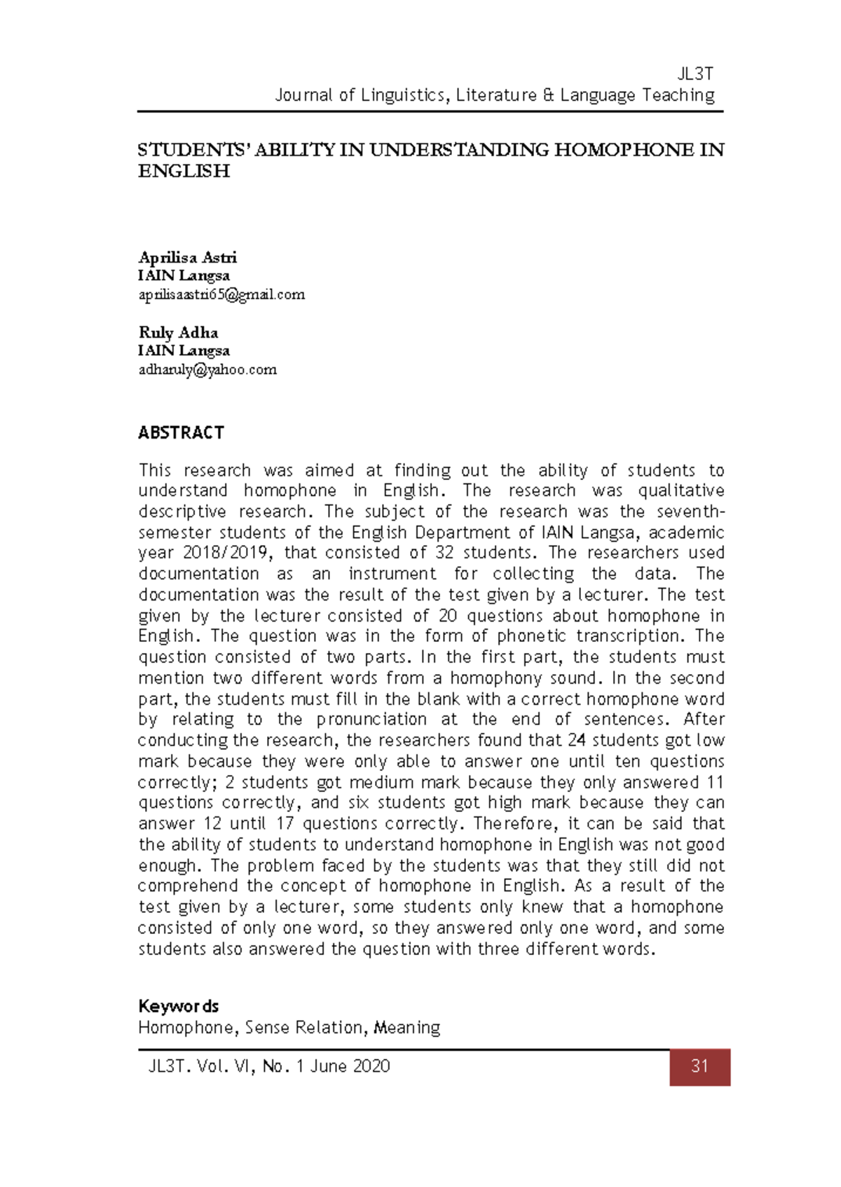Students' Ability to Comprehend Homophones in English - IAIN Langsa ...