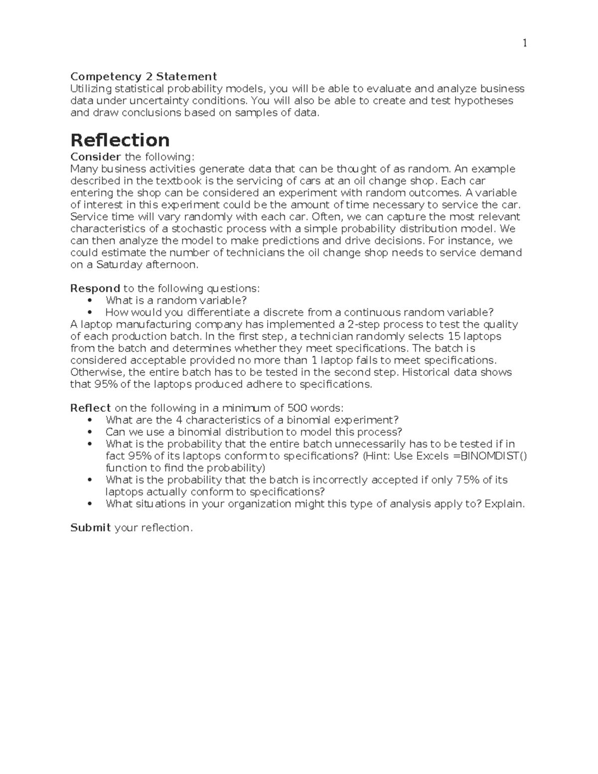 Datcb-565 Data Analysis Competency 2 Reflection on Binomial Experiments - Studocu