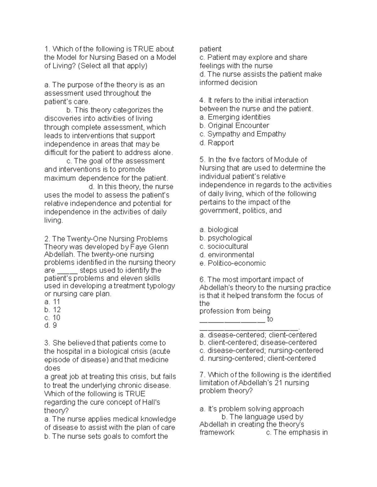 TFN- Sample-TEST- Nursing Theory Concepts Reviewer - Studocu