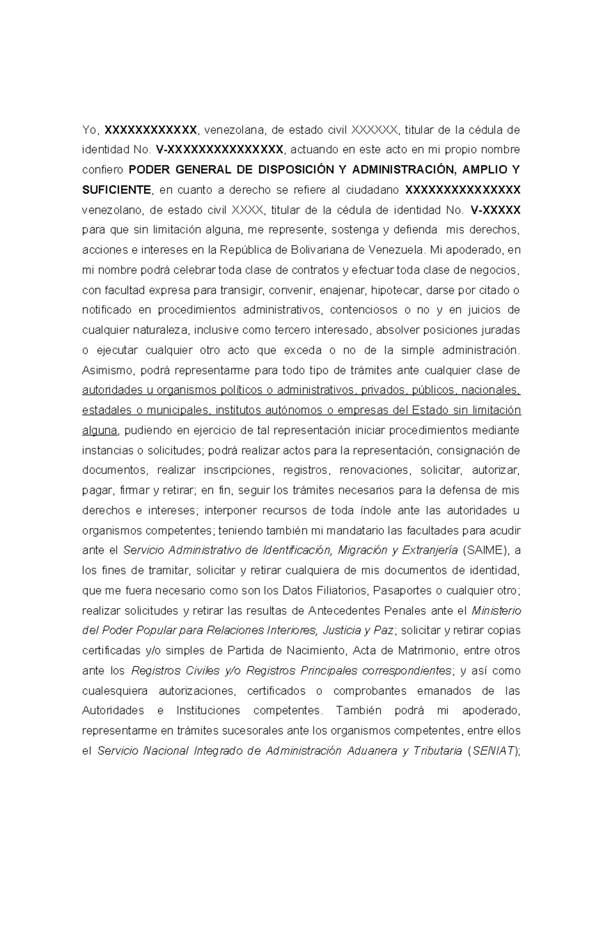 Modelo DE Poder General Disposición Y Administración - Yo, XXXXXXXXXXXX ...