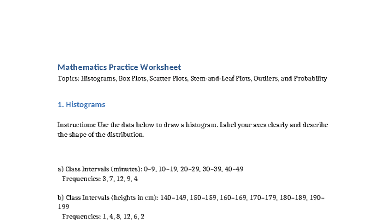 Math Practice Worksheet: Histograms, Box Plots & Scatter Plots - Studocu