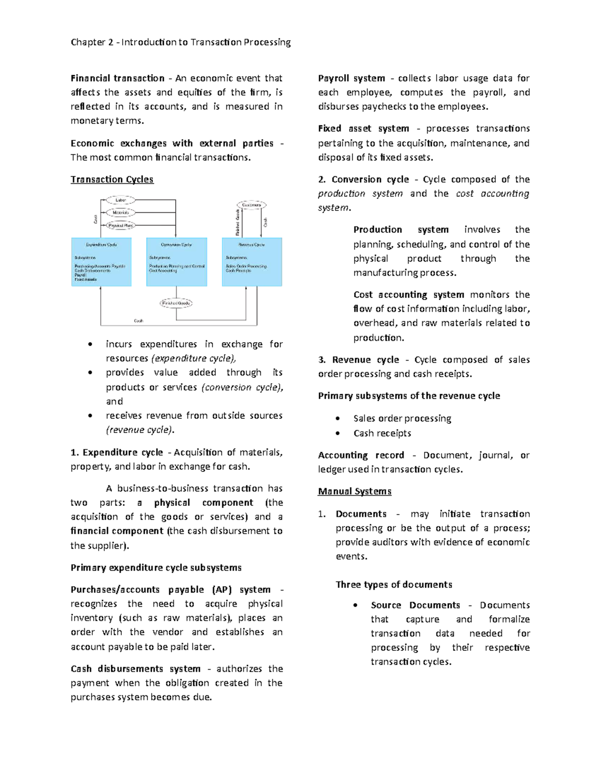 AIS 101: Chapter 2 - Introduction to Transaction Processing - Studocu