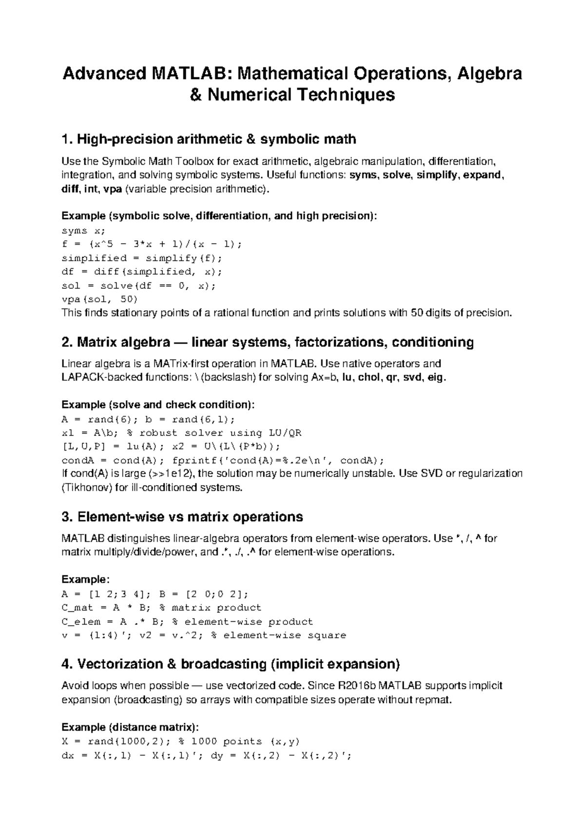 Advanced MATLAB Techniques: Math Ops & Algebra (MAT 101) - Studocu