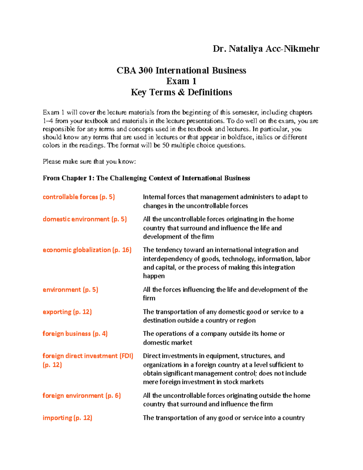 CBA 300 International Business Exam 1: Key Terms & Definitions - Studocu