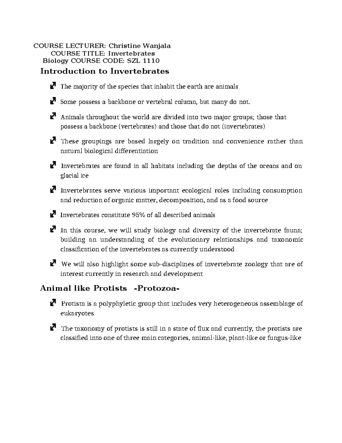 SZL 1110 - Invertebrate Biology Lecture Notes - Studocu