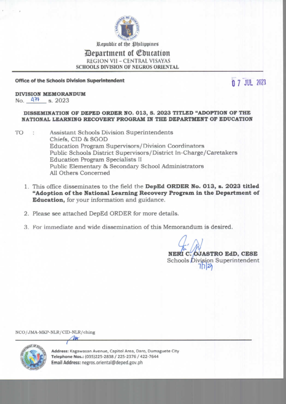 Dm no. 477 s. 2023 dissemination of deped order no. 013 s. 2023 titled ...