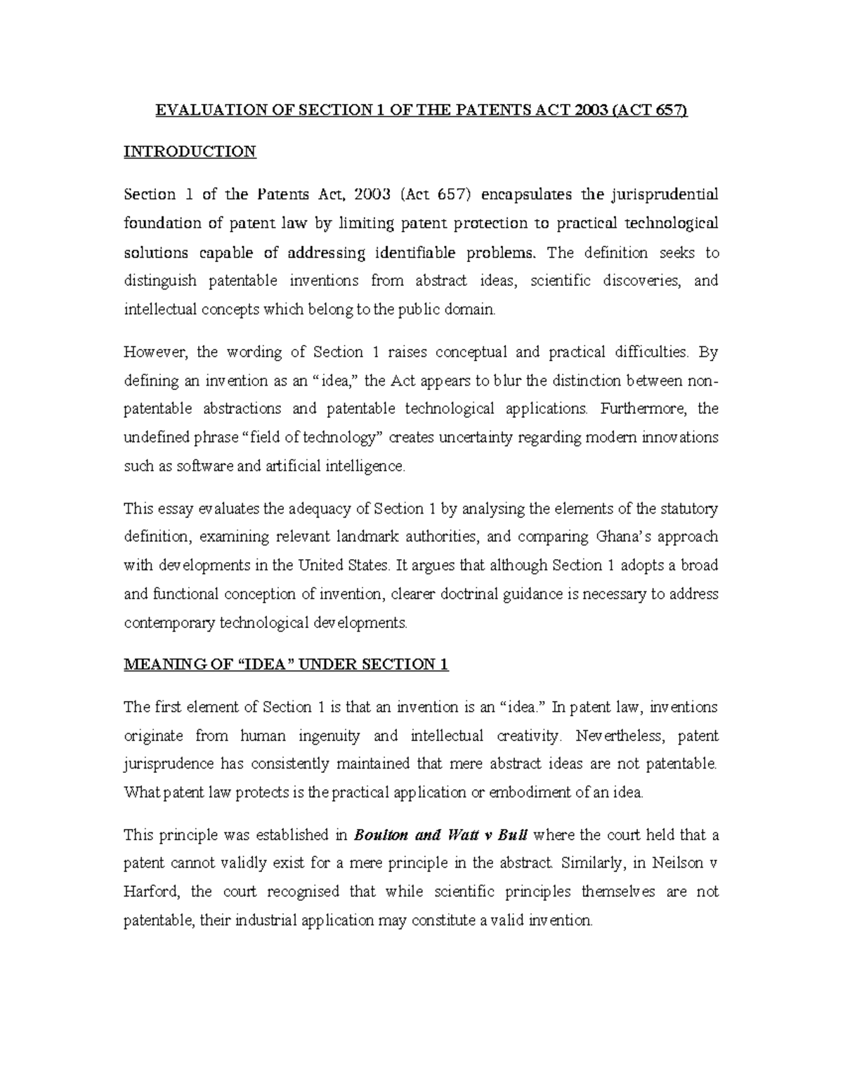 Evaluation of Section 1 of the Patents Act 2003 (Act 657) - Studocu