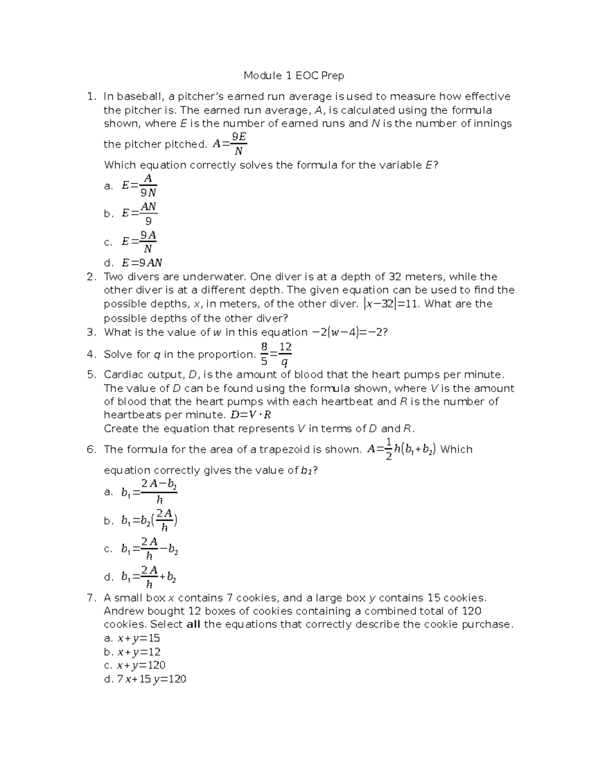 Module 1 EOC Prep - Algebra 1 Concepts and Problem Solving - Studocu