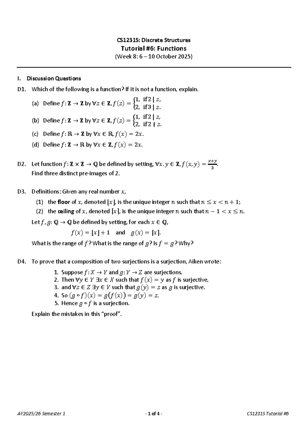 CS1231S: Discrete Structures Tutorial Functions (Week 8) - Studocu