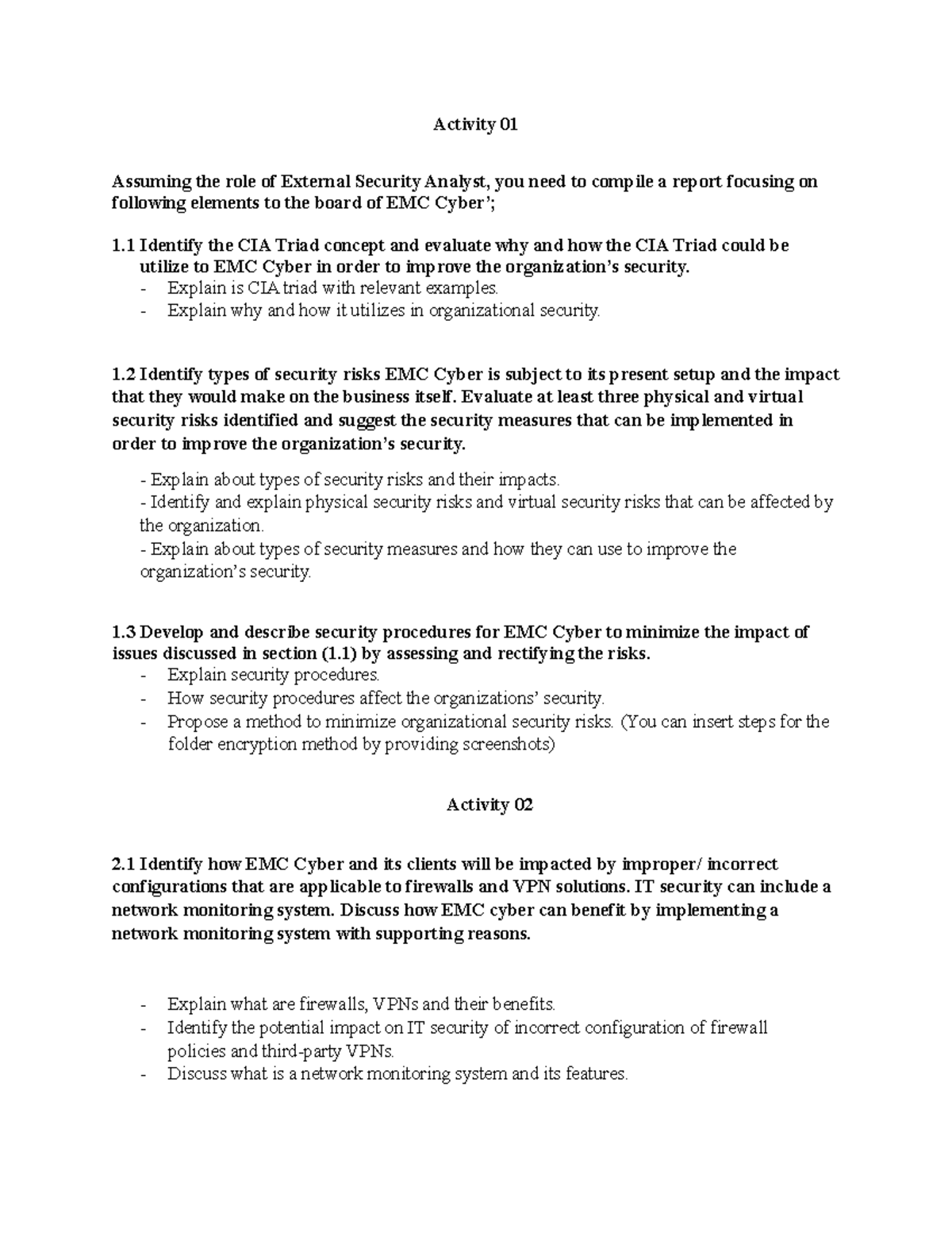 Security Assignment Guidelines - Activity 01 Assuming the role of ...