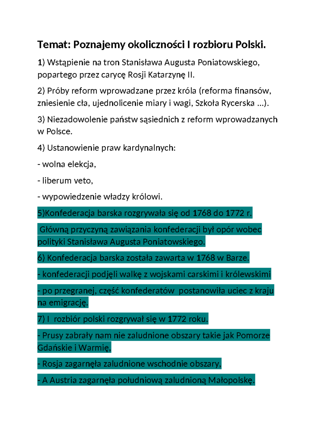 I Rozbiór Polski - Historia i Okoliczności (notatki) - Studocu