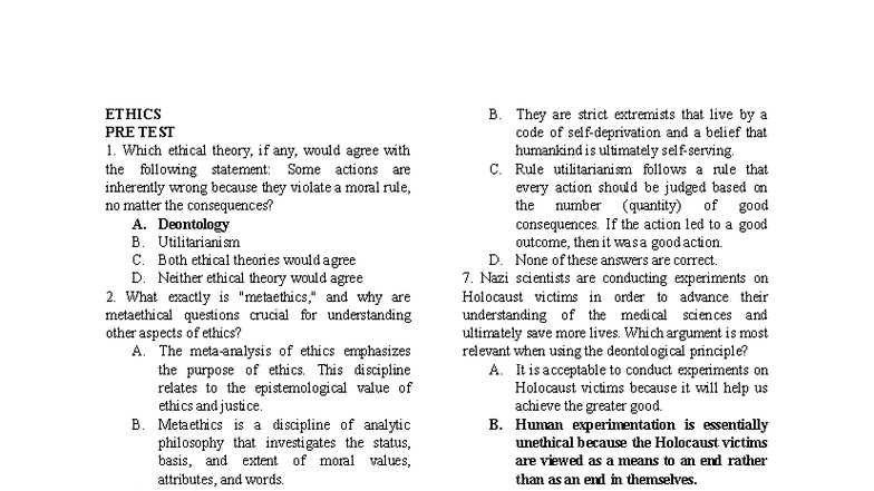 ETHICS 101 - REVIEWER FOR PRE TEST AND POST TEST - Studocu