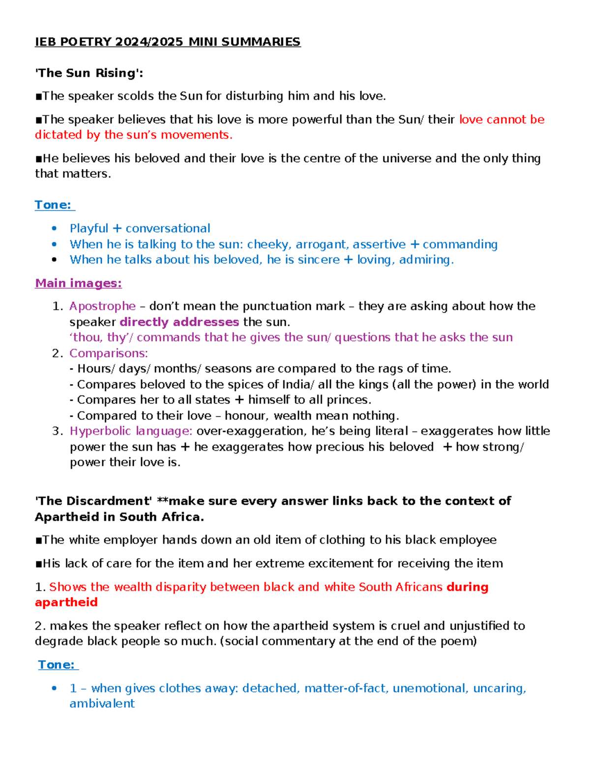 IEB Poetry 2024/2025: Mini Summaries and Analysis Insights - Studocu