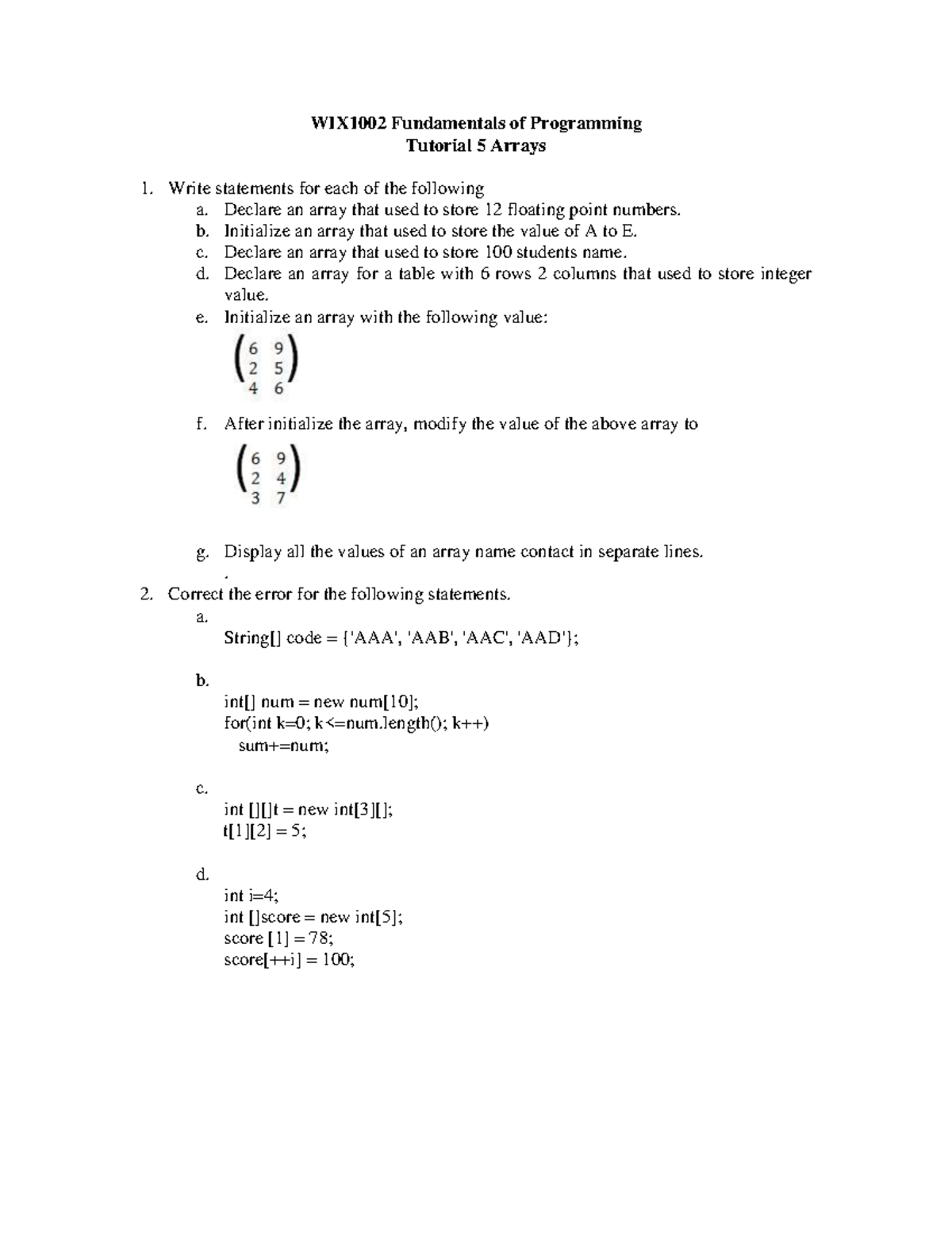 WIX1002 Tutorial 5: Working with Arrays and Error Correction - Studocu