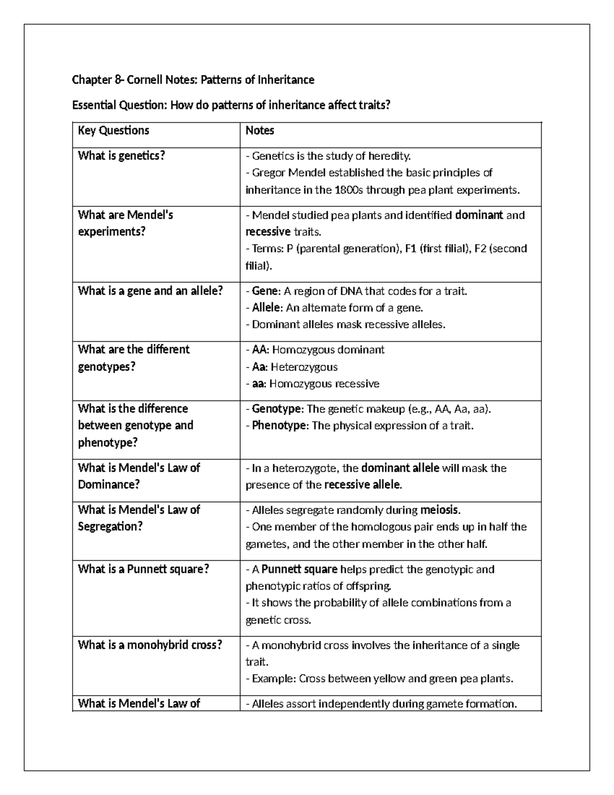 Chapter 8: Cornell Notes on Patterns of Inheritance (Genetics) - Studocu