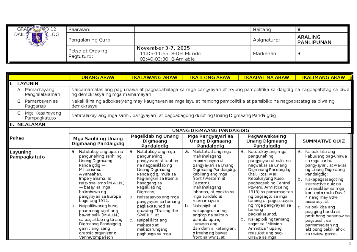 AP8 Q3 Week 1 Daily Lesson Log: Unang Digmaang Pandaigdig - Studocu