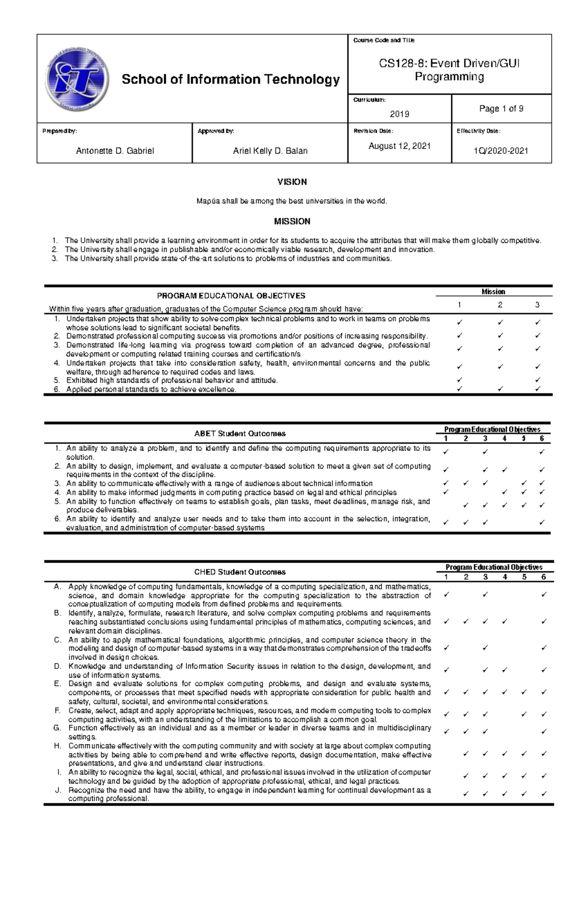 Gui lab syllabus event driven mapua - School of Information Technology ...