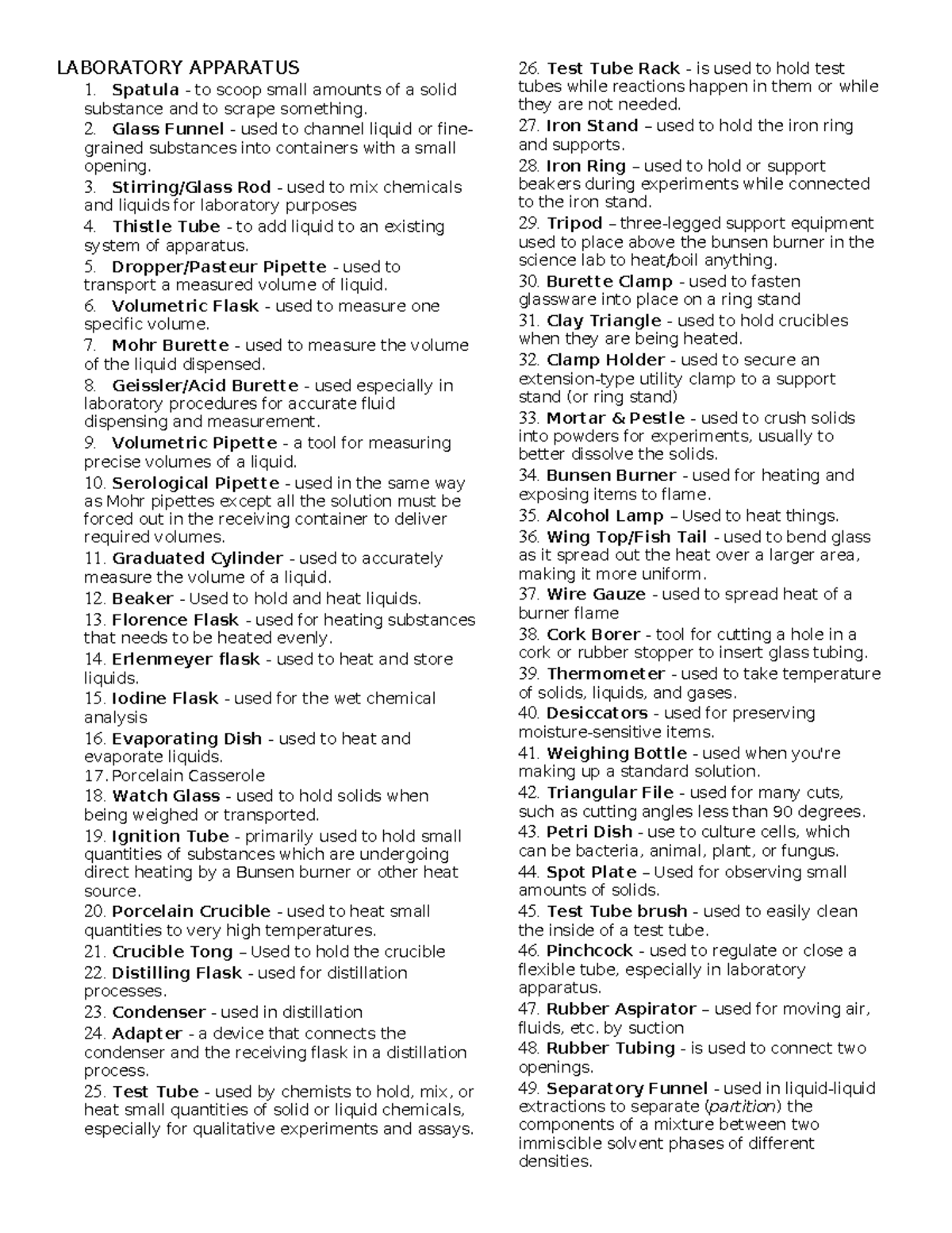 Laboratory Apparatus List and Uses for Science Experiments - Studocu
