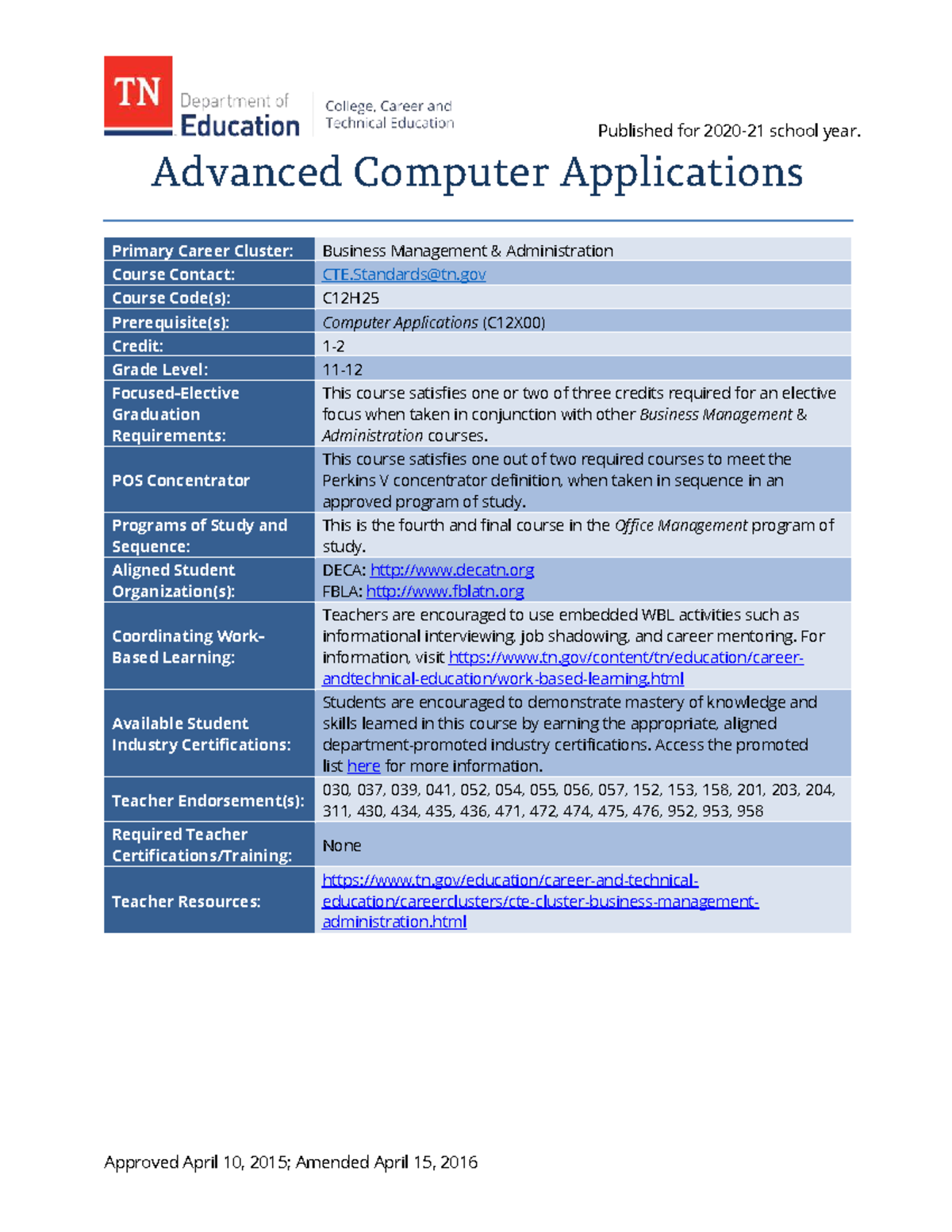 Advanced Computer Applications C12H25 Course Overview and Standards - Studocu