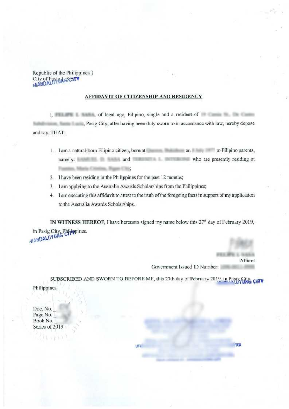 Sample Affidavit of Residency - Republic of the Philippines ) City of ...