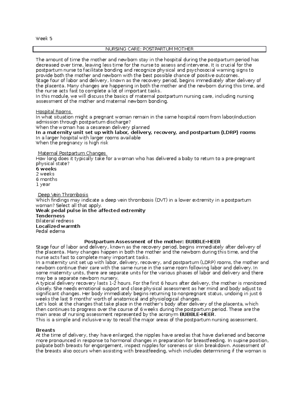 NURS 205 Week 5: Maternal Postpartum Nursing Care Overview - Studocu