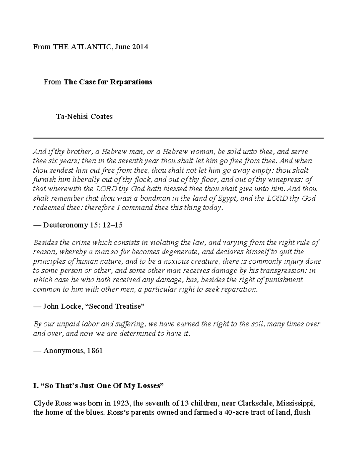 Coates - The Case for Reparations - Analysis Notes on Race and Justice ...