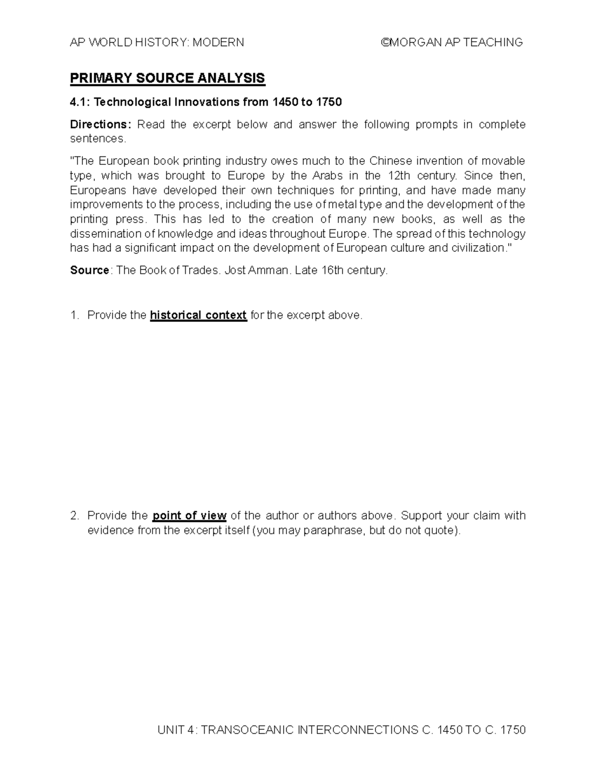 AP WORLD HISTORY: MODERN PRIMARY SOURCE ANALYSIS UNIT 4 (1450-1750 ...