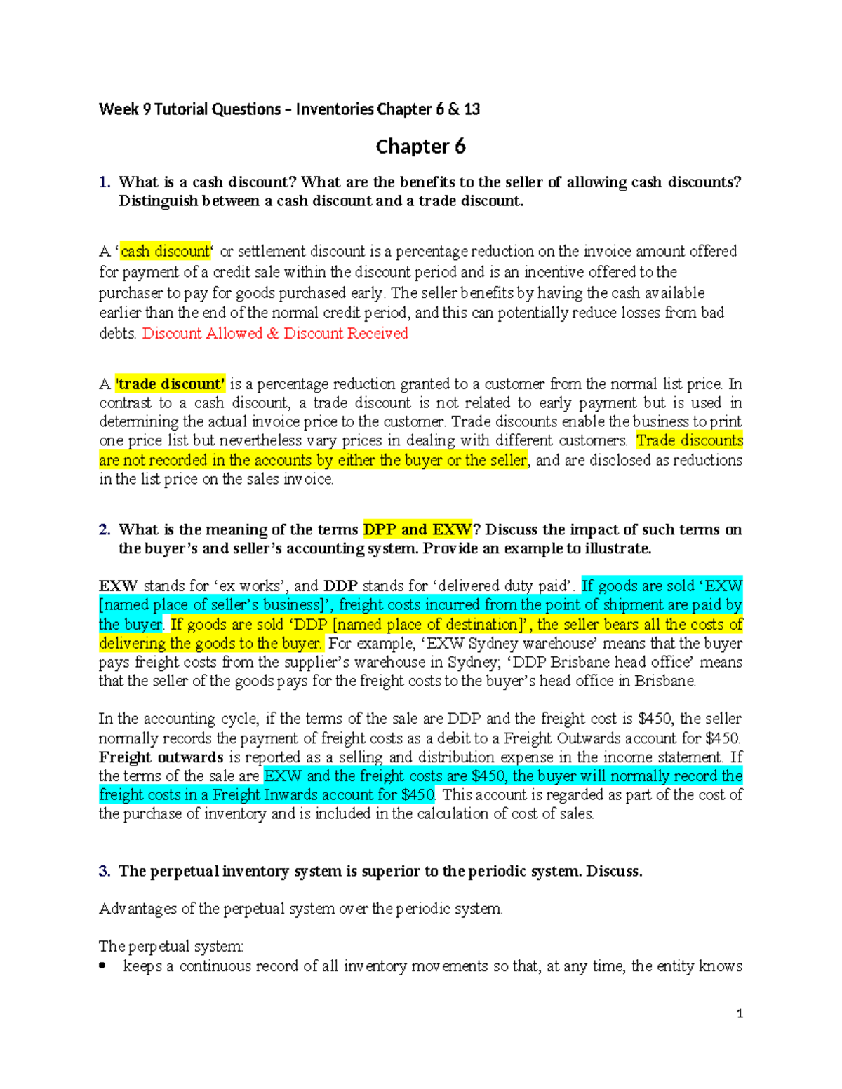 Week 9 Tutorial Questions Solutions: Inventories (Chapter 6) - Studocu