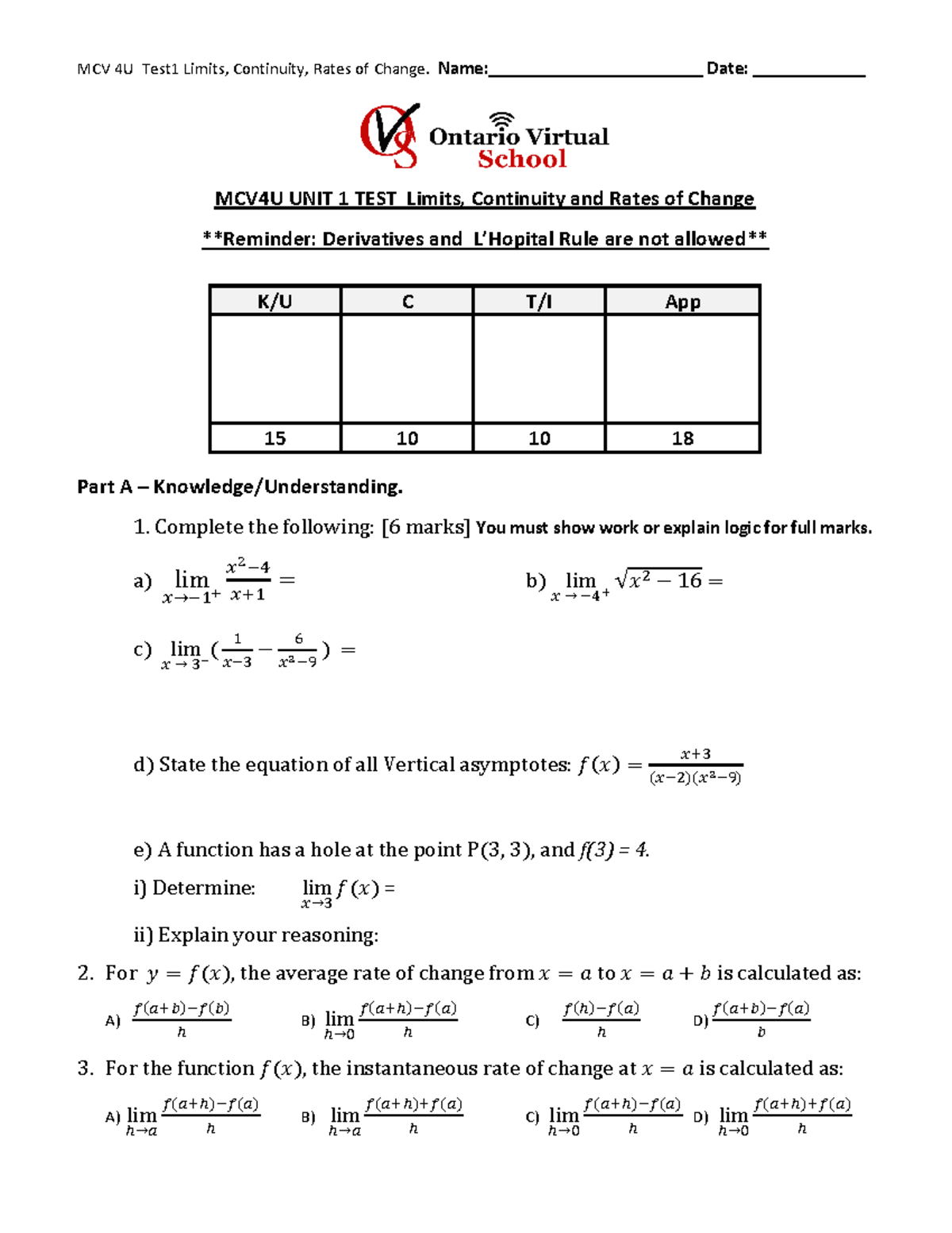 MCV4U Unit 1 Test: Limits, Continuity, and Rates of Change - Studocu