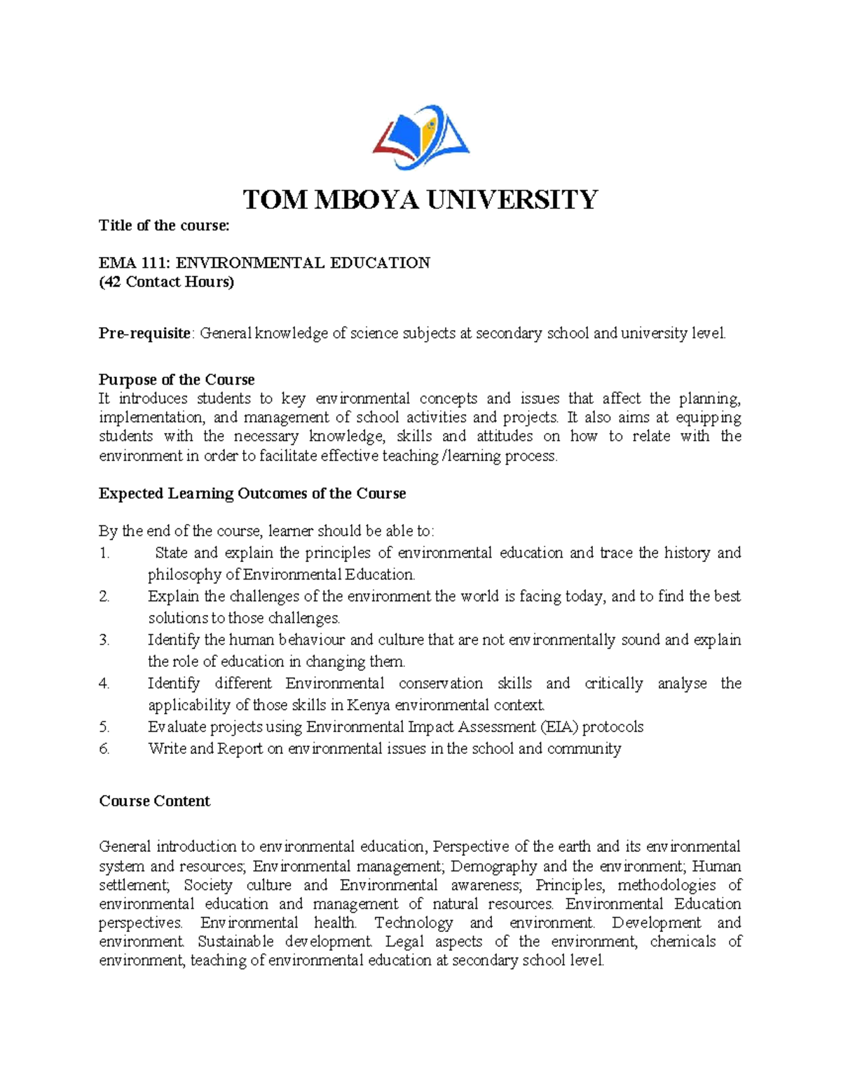 EMA 111 Course Outline: Environmental Education Overview - Studocu