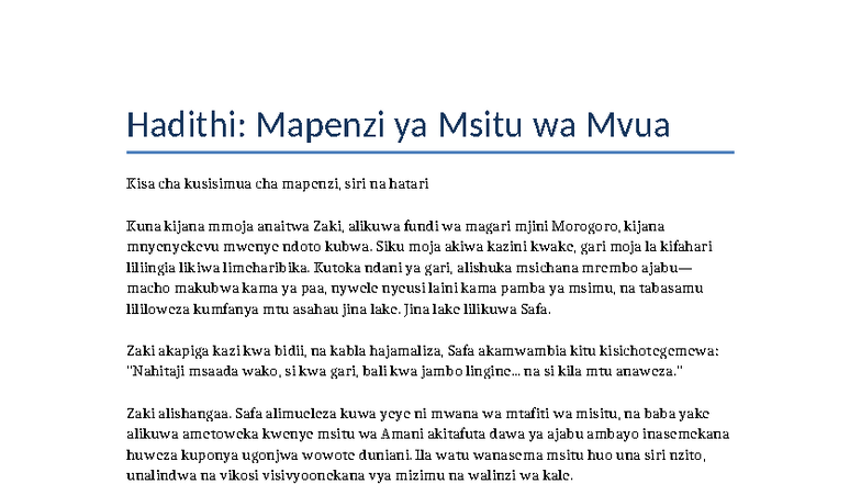 Hadithi ya Mapenzi ya Msitu wa Mvua: Safari ya Zaki na Safa - Studocu