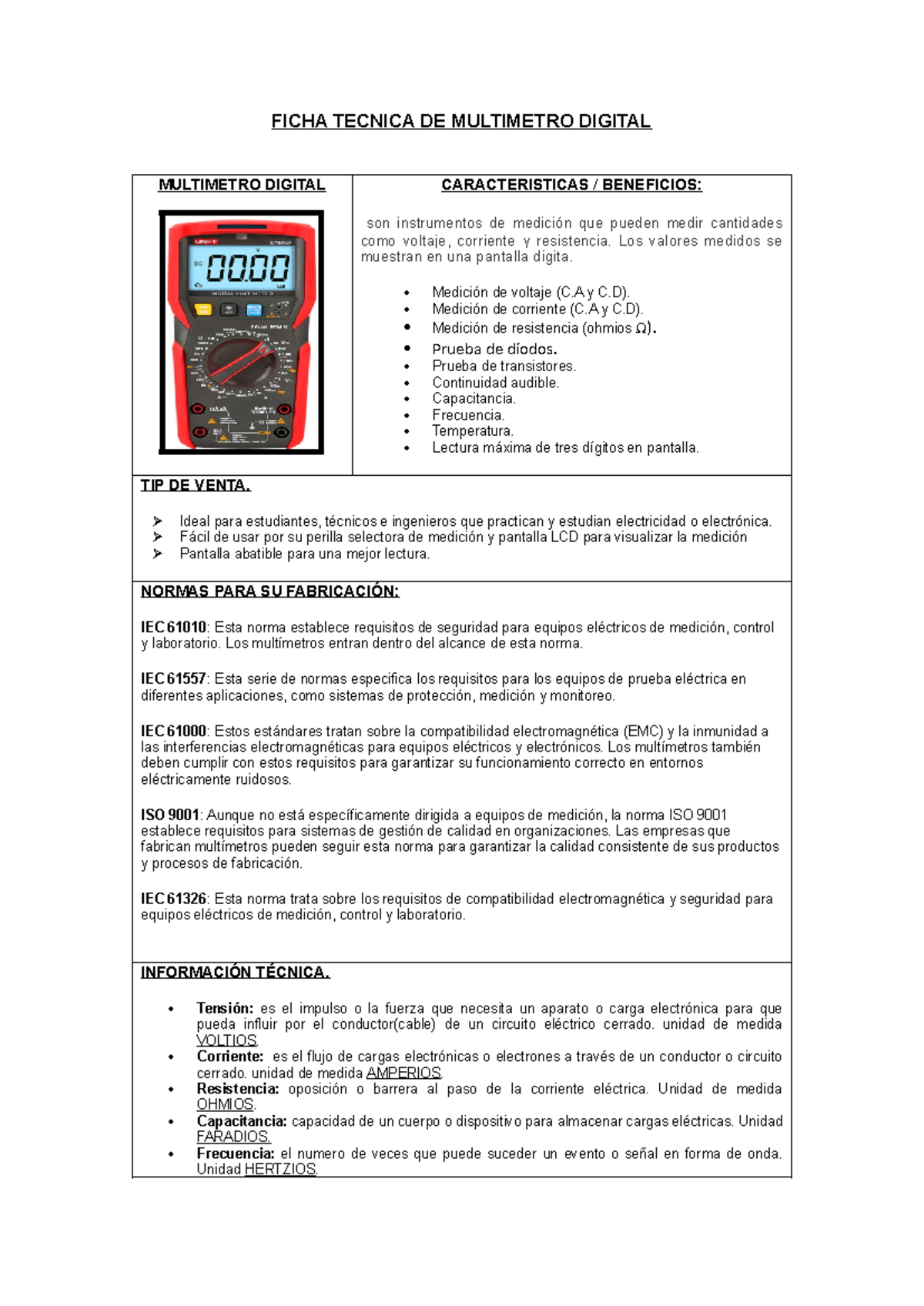 Ficha Técnica del Multímetro Digital: Características y Normativas - Studocu