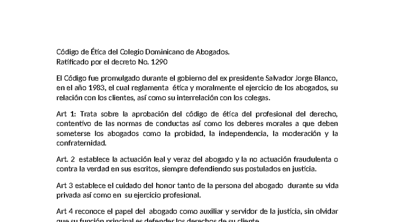 Código de Ética del Colegio Dominicano de Abogados - 1983 - Studocu