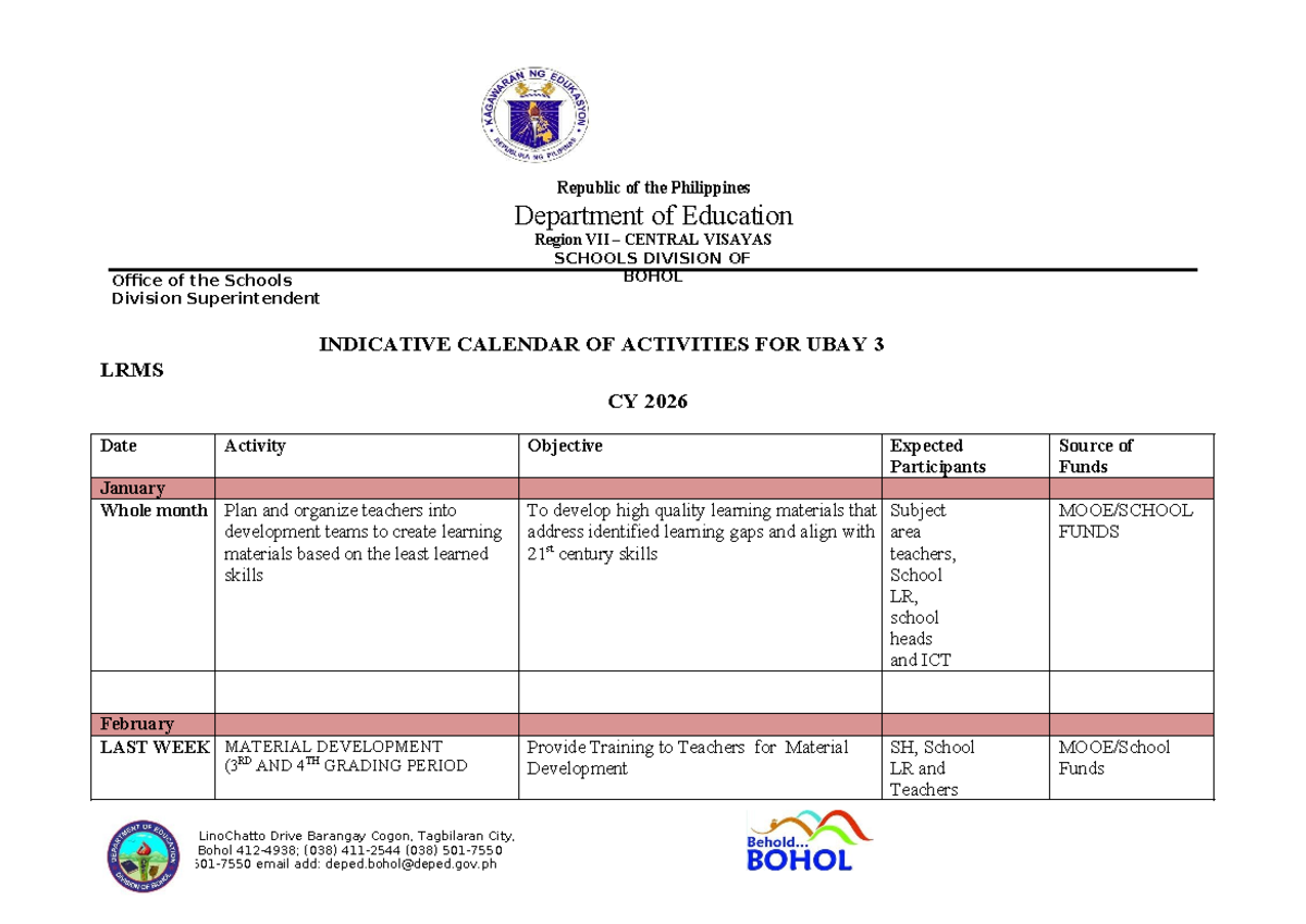 UBAY 3 LRMS Indicative Calendar of Activities 2026 - Studocu