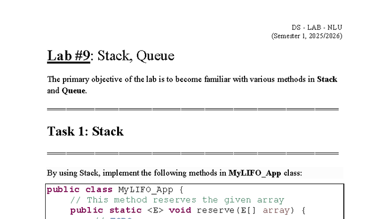 DS LAB NLU (Sem 1) - Stack & Queue Implementation Guide - Studocu