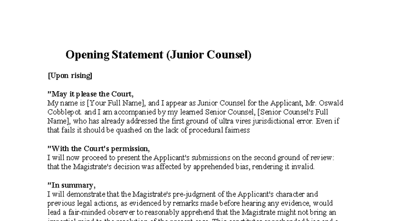 Opening Statement (Junior Counsel) - Admin Moot Case Review - Studocu