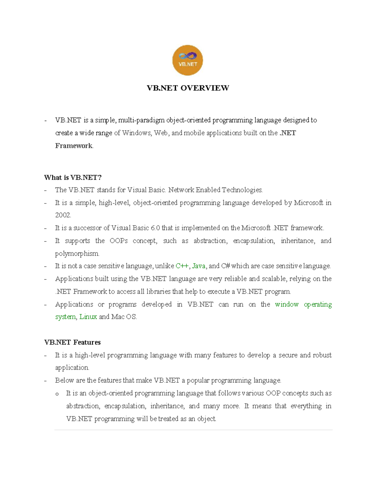 Part 1 - VB.NET Overview: Key Features and Advantages - Studocu