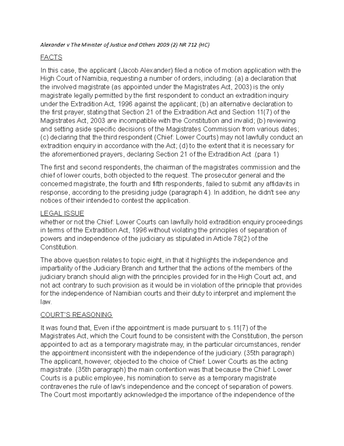 Alexander v The Minister of Justice: Legal Independence Issues (2009 ...