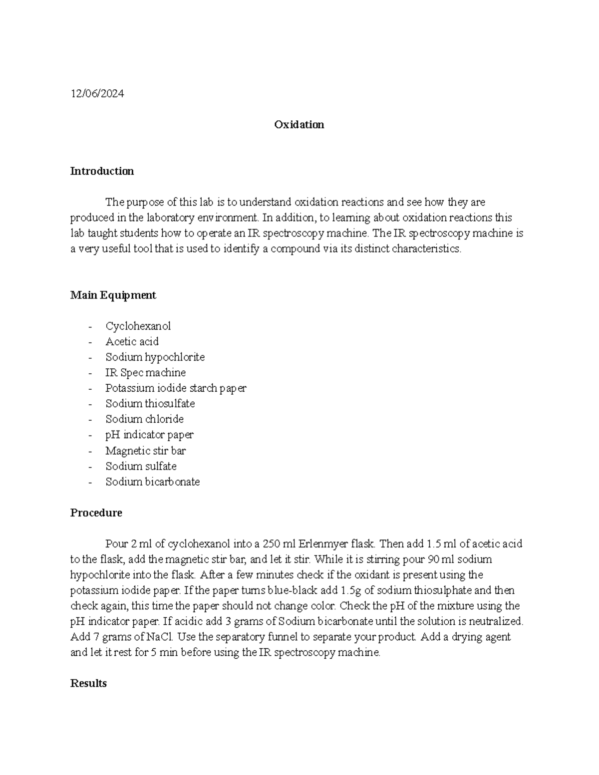 Lab 6 - Oxidation - lab - 12/06/ Oxidation Introduction The purpose of ...